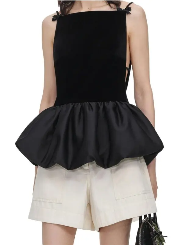 SELF-PORTRAIT Velvet Top With A Bubble Hem - Black
