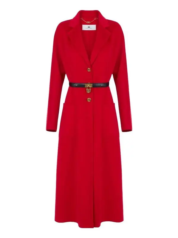Elisabetta Franchi Single-breasted Belted Long Coat - Red