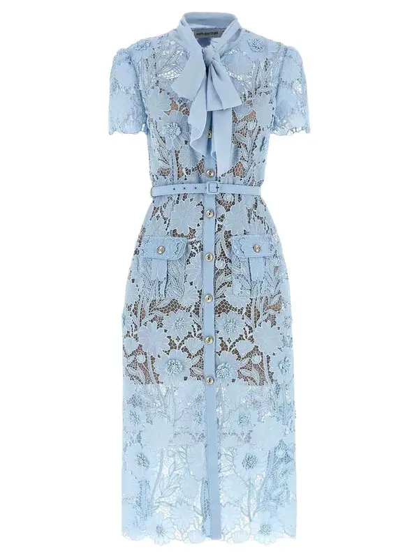 SELF-PORTRAIT Lace Tie Neck Midi Dress - Blue