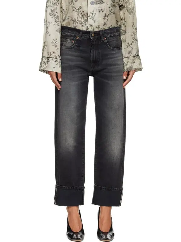 R13 Jeans Cuffed Boyfriend Noir Eclipse Selvedge - Black