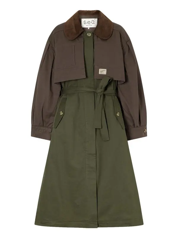 Sea Tristan Corduroy-trimmed Cotton Trench Coat - Green