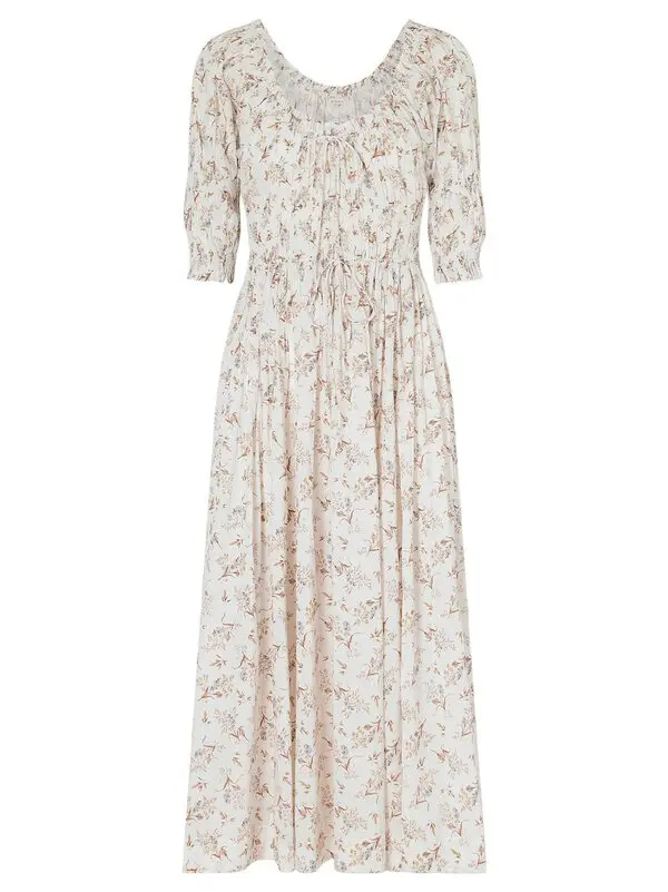 DÔEN Ischia Floral-print Gathered Organic Cotton-voile Midi Dress - Neutrals
