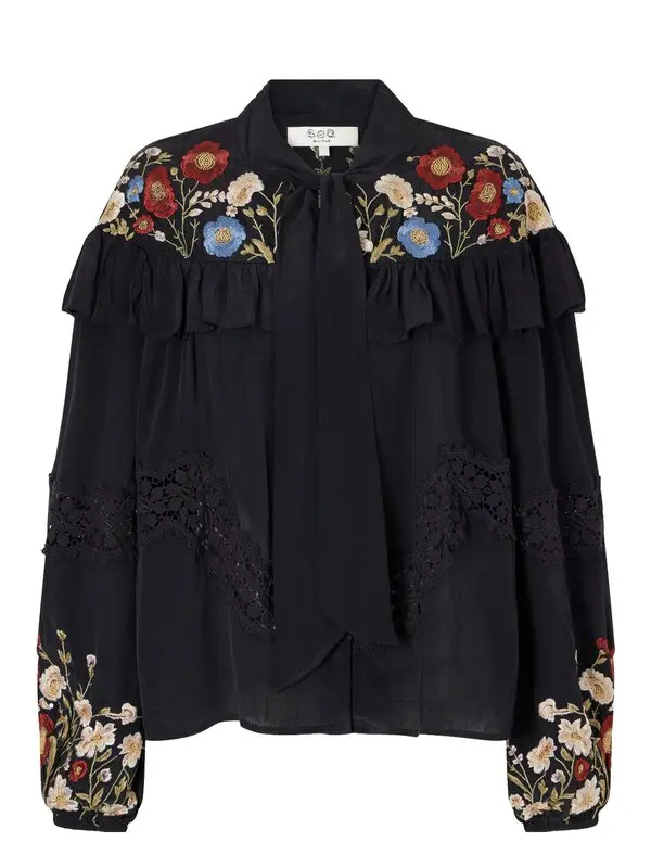 Sea Ruwa Ruffled Embroidered Lace-trimmed Crepe Blouse - Black