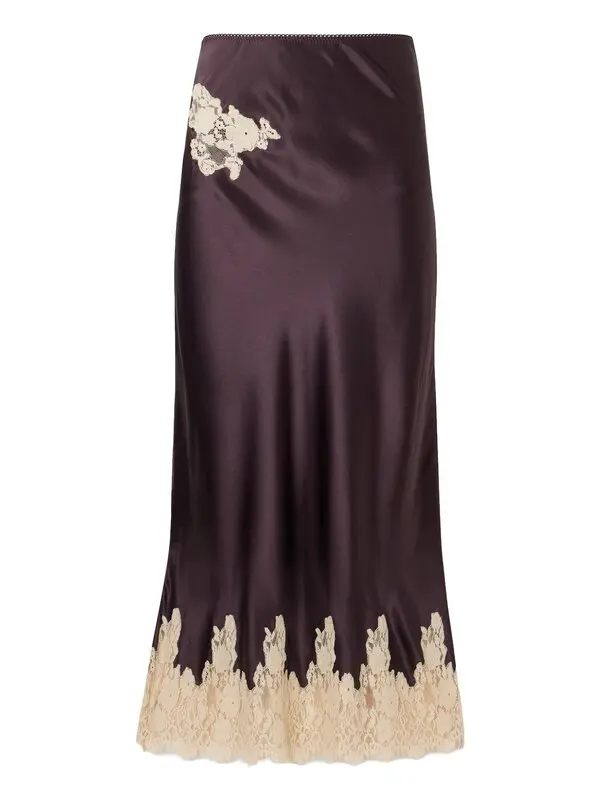 DÔEN Lace-trimmed Silk-satin Midi Skirt - Brown