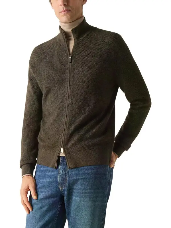 Zegna Dark Olive And Dark Grey Cashseta Full Zip Cardigan - Green