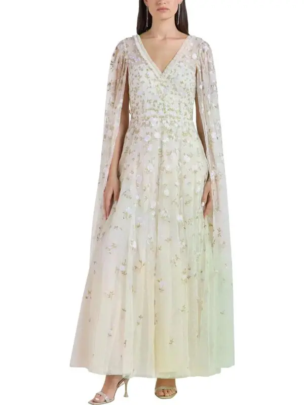 NEEDLE & THREAD Lea Ditsy Floral-embroidered Cape-sleeve Maxi Dress - Neutrals