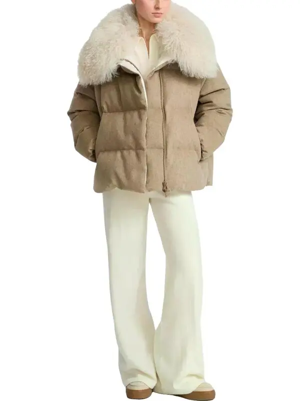 YVES SALOMON Shearling-collar Padded Coat - Neutrals