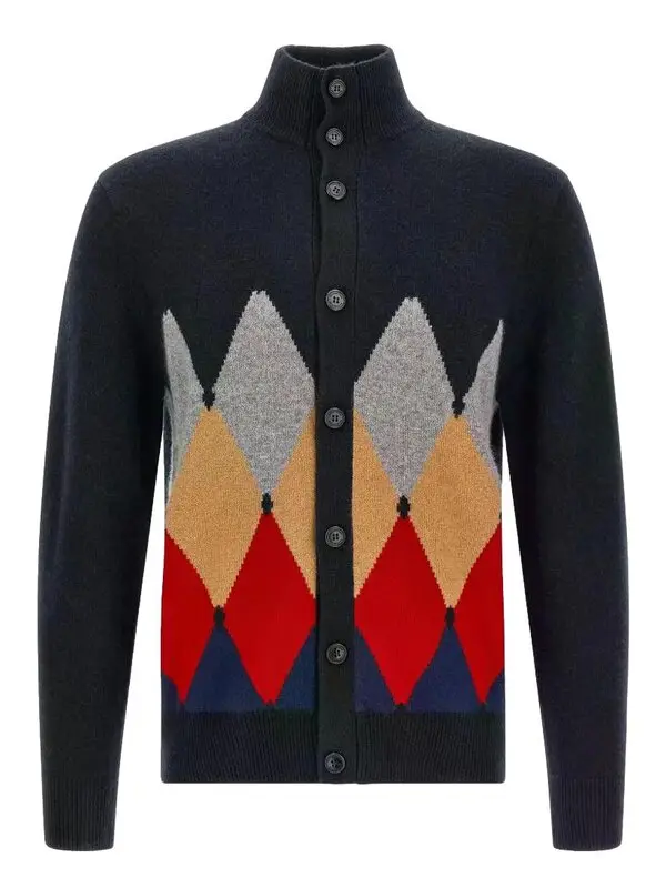 BALLANTYNE Classic Diamond Intarsia Cardigan - Blue