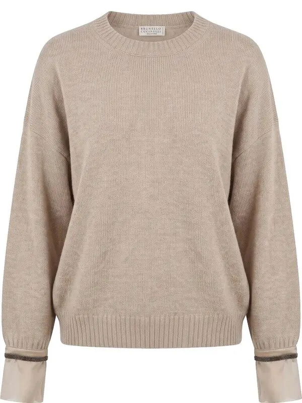 Brunello Cucinelli Cashmere Crewneck With Chiffon Cuff And Monili - Multicolor