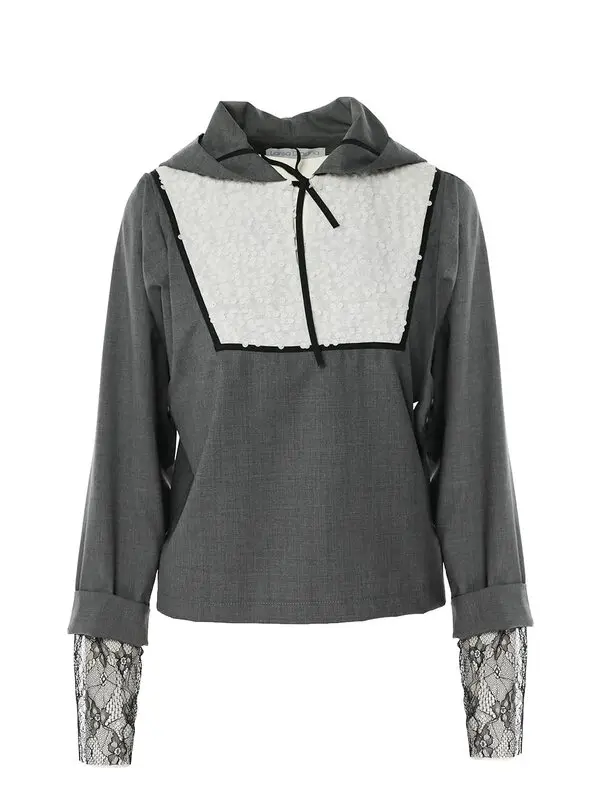 LARISA DRAGNA Grey / Black / White Grey Hoodie-style Top With Sequin And Lace Details - Grey/black/white