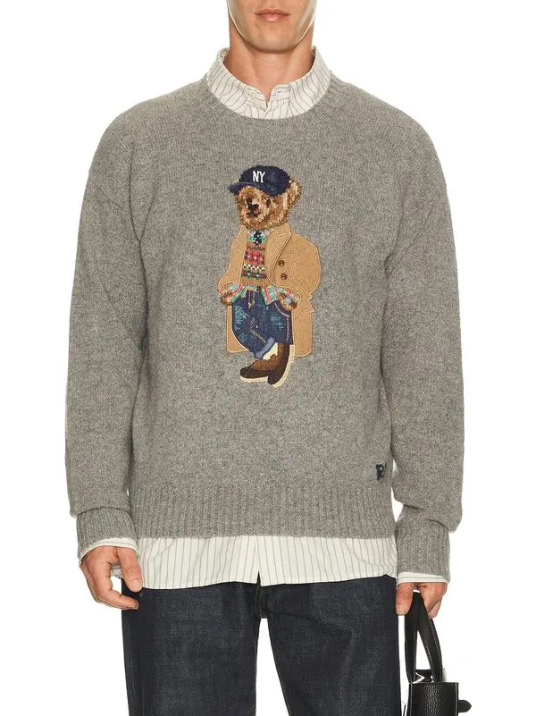 Polo Ralph Lauren Wool Blend Novelty Heritage Bear Crewneck Sweater In Grey - Grey Combo