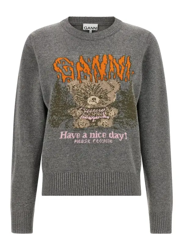 GANNI Sweater With Front Intarsia - Gray