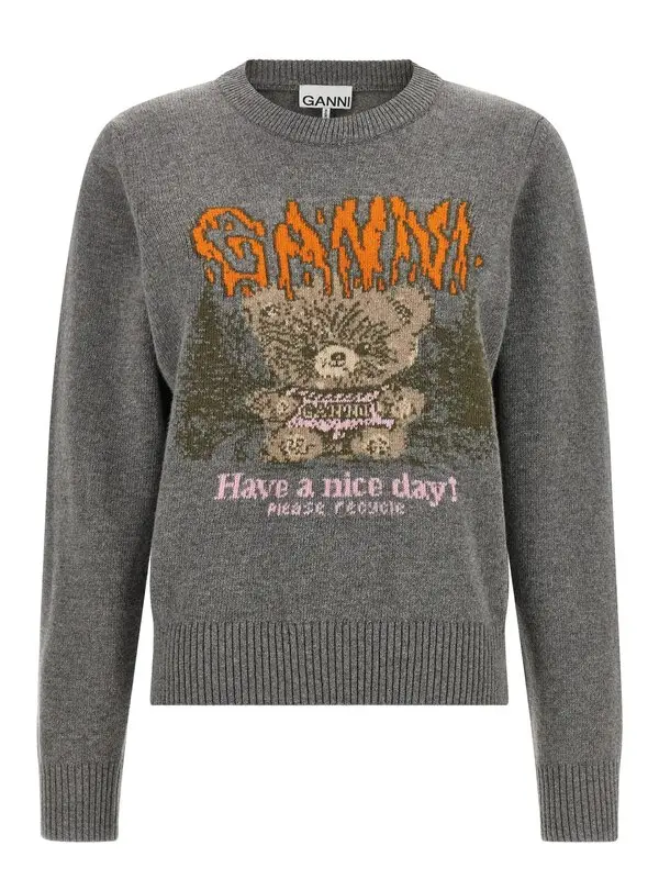 GANNI Sweater With Front Intarsia - Gray