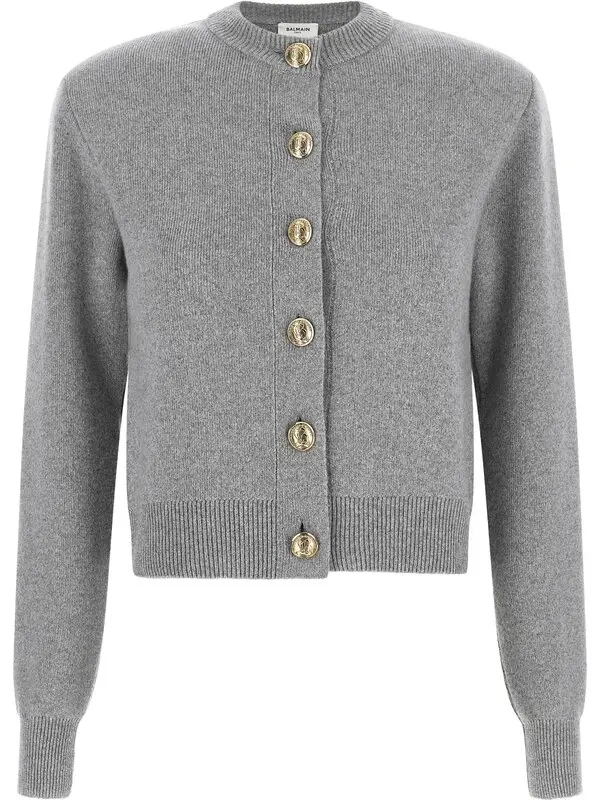 Balmain Sculpture Button Crew Neck Cardigan - Gray