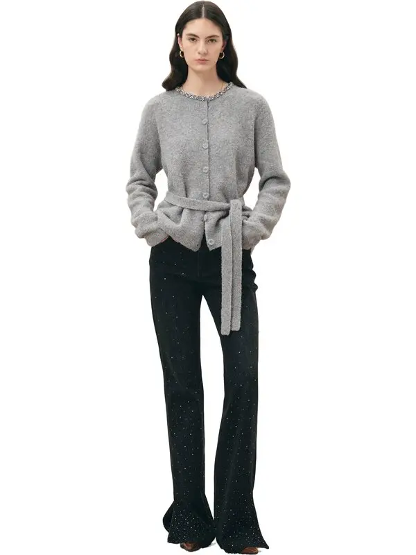 Fabrique Megan Crystal Embellished Belted Cardigan In Wool Blend - Grey