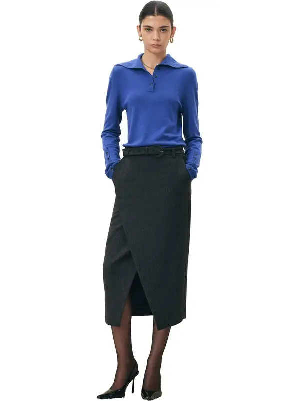 Fabrique Kira Half Placket Top In Wool Blend - Blue