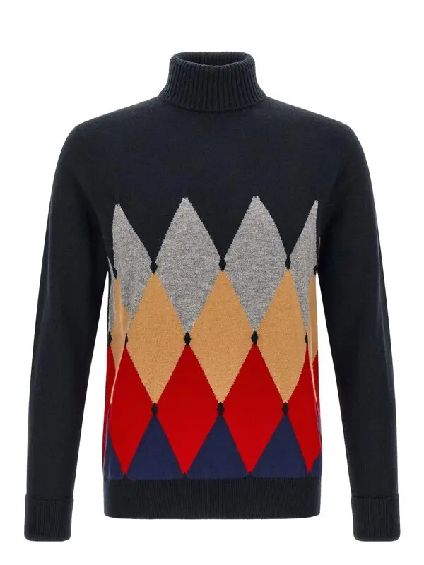 BALLANTYNE Diamond Intarsia Turtleneck Sweater - Blue