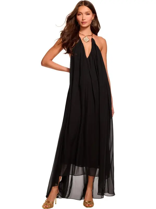 Ramy Brook Rainn Chiffon V-neck Halter Gown - Black