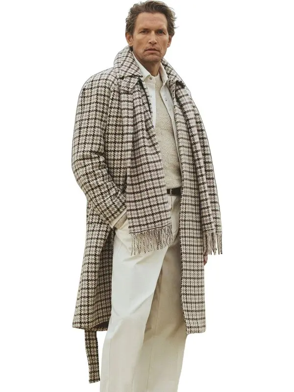 REISS Christem Wool Houndstooth-check Belted Overcoat - Brown Multi