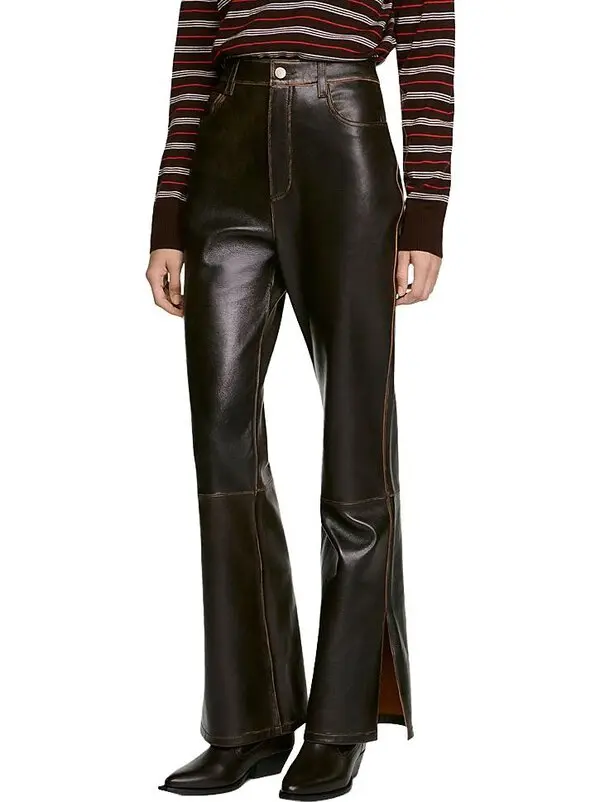 Sandro Thompson Distressed Leather Flare Pants - Brown