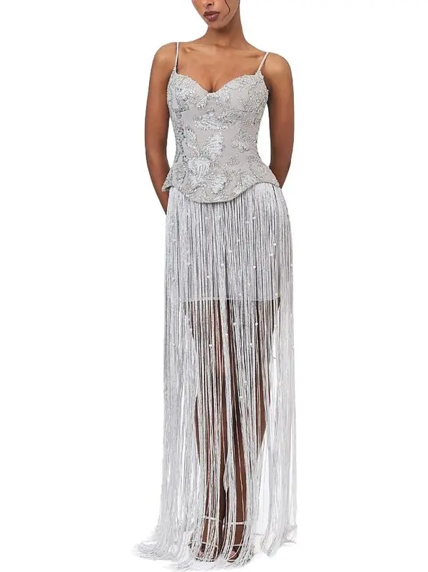 MISS CIRCLE NEW YORK Olisa Beaded Peplum Tassel Maxi Dress - Silver