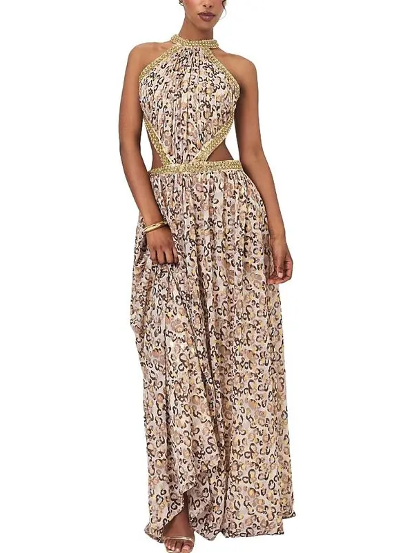 MISS CIRCLE NEW YORK Quinnlyn Cheetah Print Chiffon Halter Maxi Dress - Beige