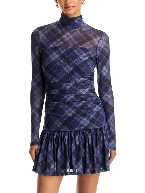 Aqua Plaid Mesh Gathered Mini Dress Exclusive - Navy Multi