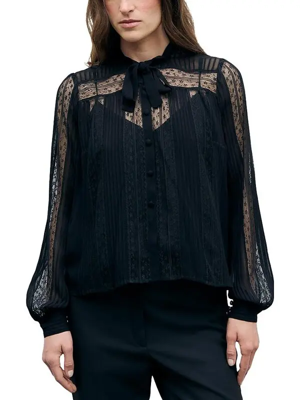Gerard Darel Lonnie Tie Neck Button Front Blouse - Black