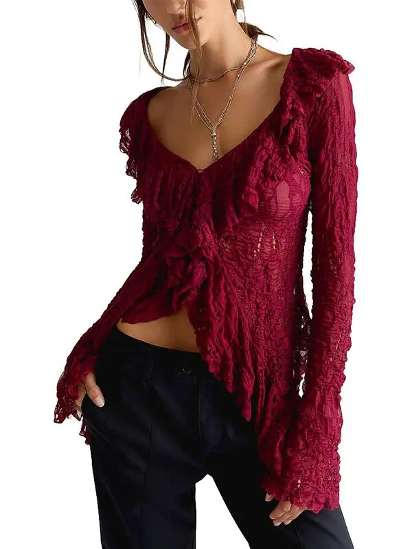 Free People Laney Lace Cardigan Sweater - Cabernet