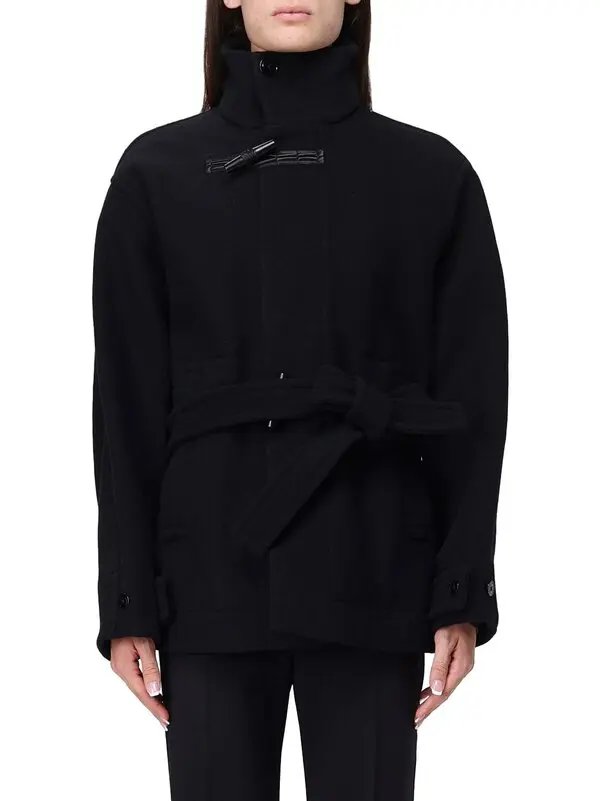 LEMAIRE Pure Wool Short Coat With Belt And Funnel Neck - Black
