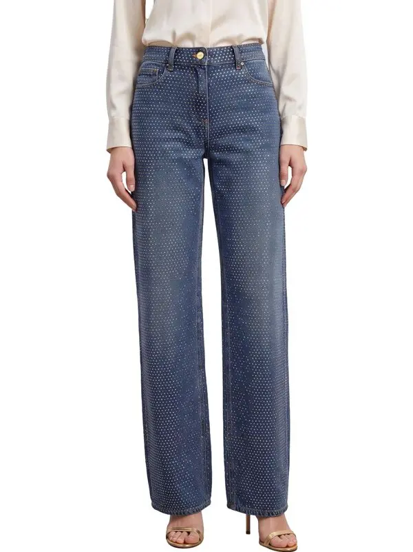 Elisabetta Franchi High-waisted Wide-leg Denim Jeans With Rhinestones - Navy