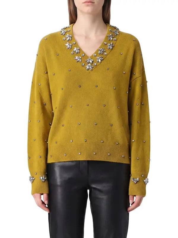 Pinko Pure Cashmere V-neck Jumper With Crystal Embroidery - Green