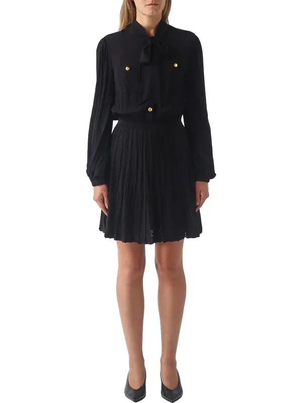 TWINSET Pleated Sheath Mini Dress With Puff Sleeves - Black