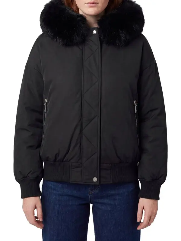 Michael Kors Satin Bomber Jacket With Hood And Fur Collar - Black