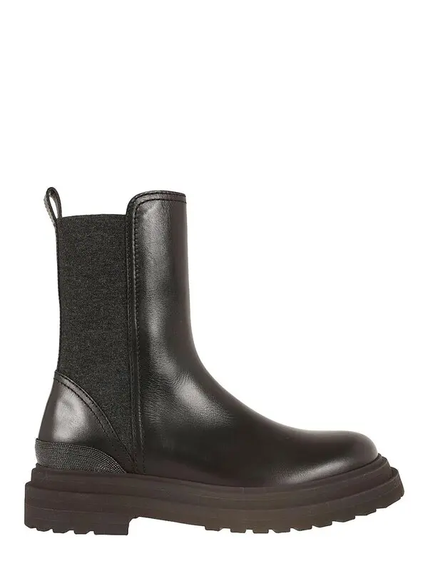 Brunello Cucinelli Smooth Leather Chelsea Boots With Lug Sole And Monili - Black