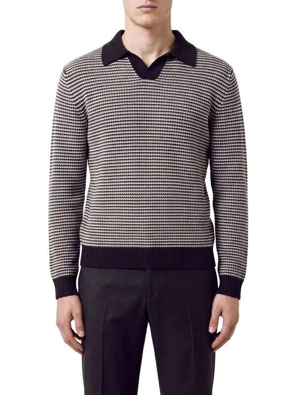 LARDINI Striped Long-sleeved Knit Polo In A Wool And Cashmere Blend - Black