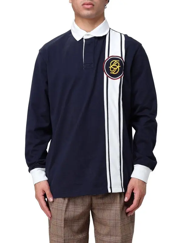 Drole De Monsieur Striped Long-sleeve Cotton Polo Shirt With Monogram - Blue