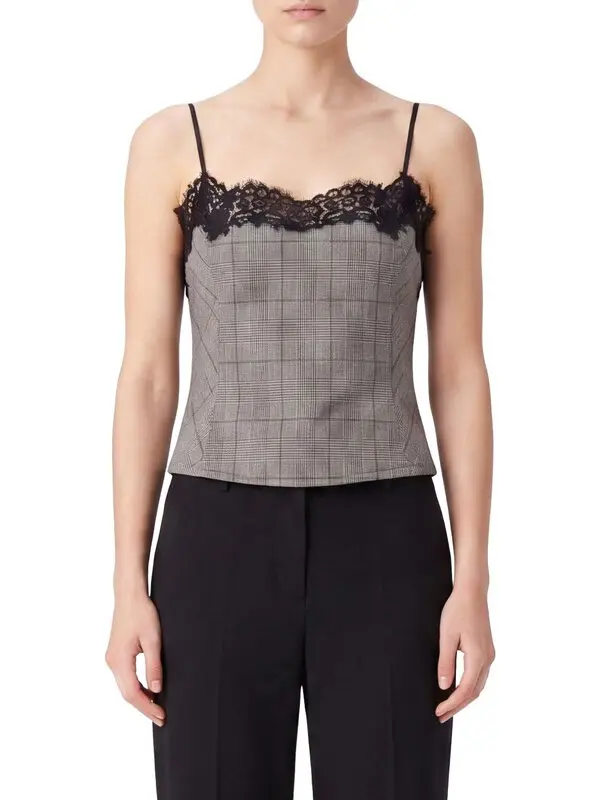Pinko Prince Of Wales Wool-blend Top With Lace Inserts And Thin Straps - Beige