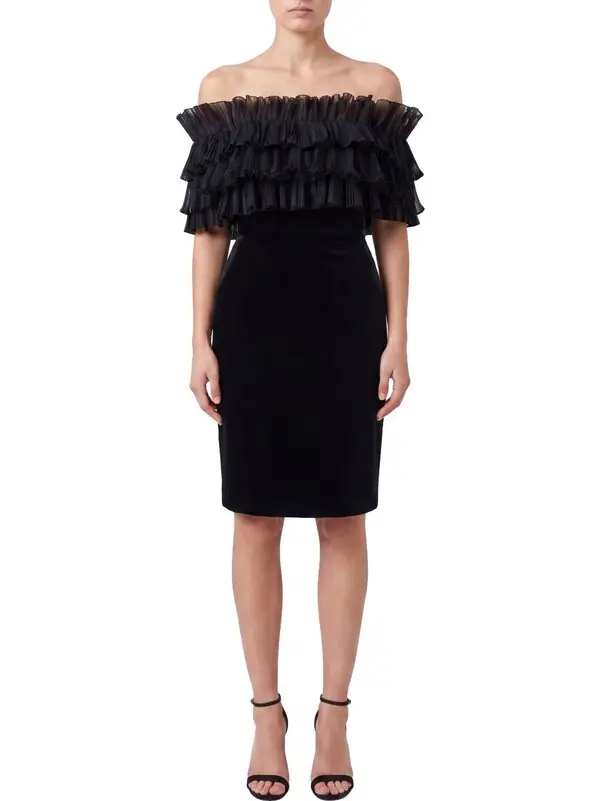 Elisabetta Franchi Off-the-shoulder Embroidered Velvet Midi Sheath Dress - Black