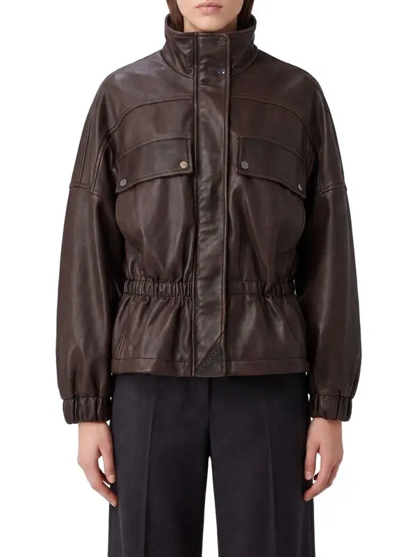 Pinko Cropped Faux Leather Bomber Jacket With Funnel Neck And Elasticated Waist - Brown