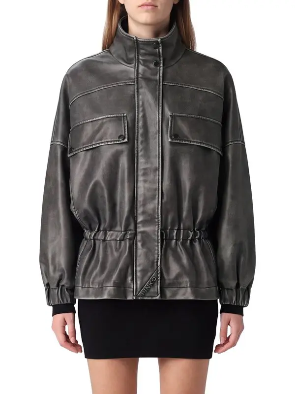 Pinko Cropped Faux Leather Bomber Jacket With Funnel Neck And Elasticated Waist - Grey