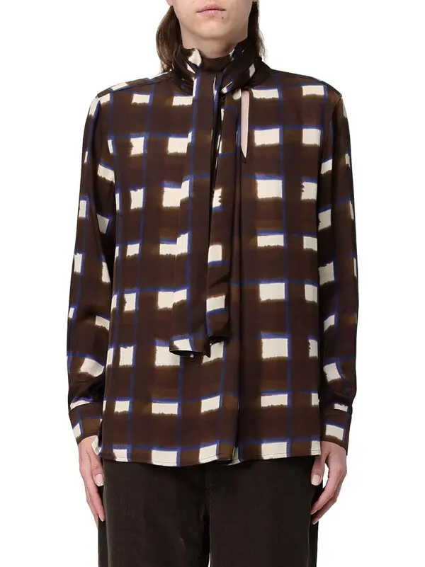 Incotex Relaxed Fit Check Viscose Blouse With Scarf Collar - Brown