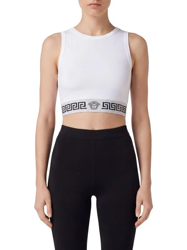 Versace Cropped Slim Fit Cotton-blend Top With Greca And Medusa Logo - White