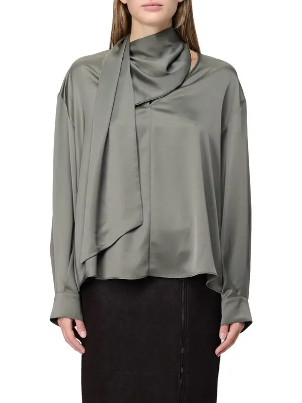Pinko Satin Blouse With Pussy-bow Neck, Long Sleeves And Dropped Shoulders - Brown