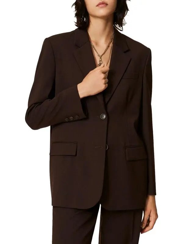 TWINSET Single-breasted Cropped Satin Blazer With Lapel Collar And Flap Pockets - Coffee