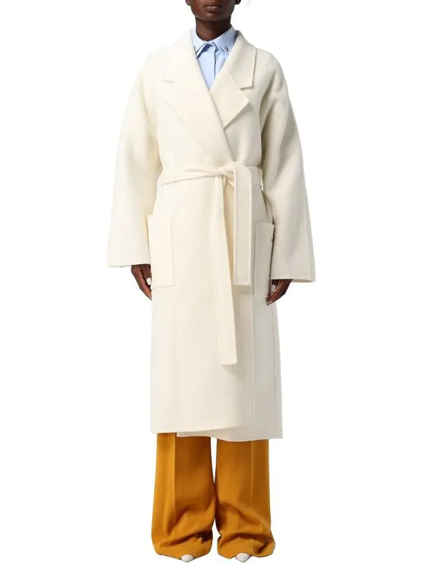 Elisabetta Franchi Long Robe Coat In Pure Wool With A Waist Belt - White