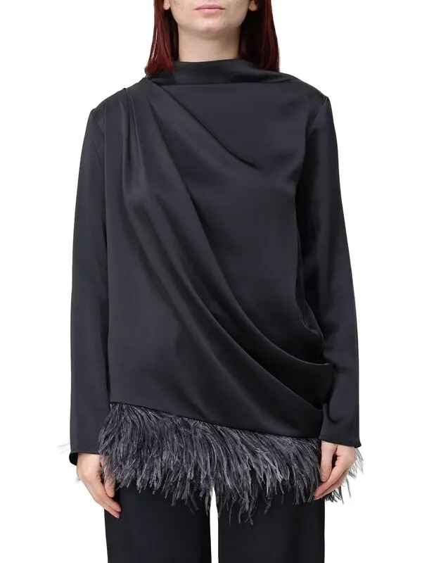 Fabiana Filippi Asymmetric Feather-trimmed Viscose Blouse - Grey