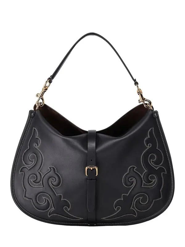 Etro Embroidered Calfskin Shoulder Bag With Buckle Closure - Black