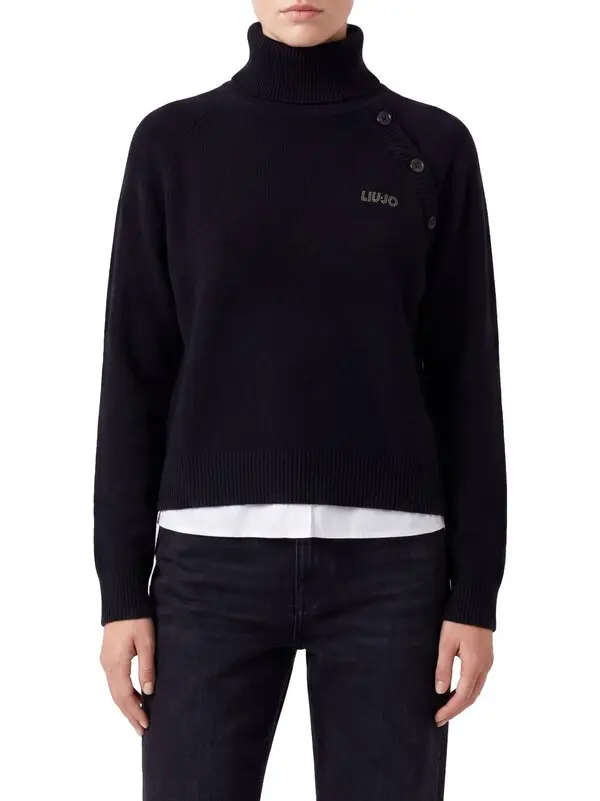 Liu Jo Wool And Cotton Turtleneck With Shoulder Buttons And Contrast Logo - Black