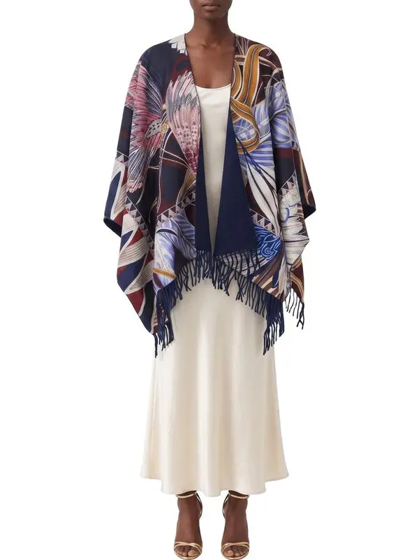FERRAGAMO Cashmere And Wool Cape With Floral Print And Asymmetrical Hem - Navy